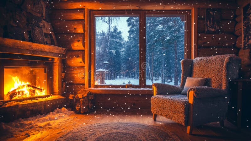 Cozy Cabin Interior with Fireplace, Window View of Snowy Forest, and ...