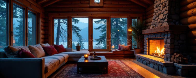 Cozy Cabin Interior, Large Windows, Fireplace Glowing, Fire, Spring ...
