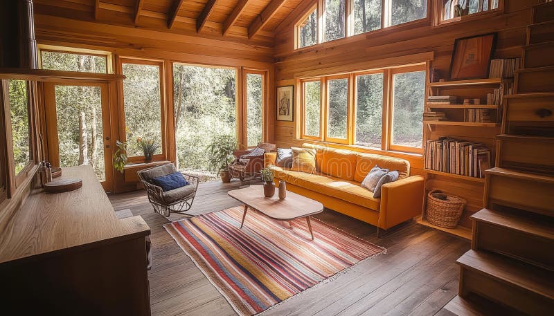 Cozy Cabin Interior with Panoramic Forest Views Rustic Meets Modern ...