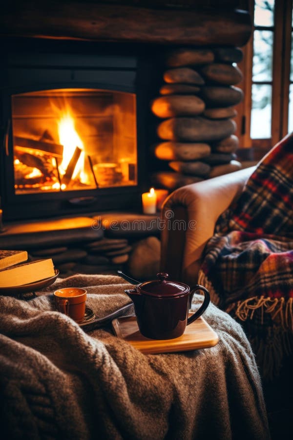 A Cozy Cabin Interior with a Roaring Fireplace, Soft Blankets, and a ...