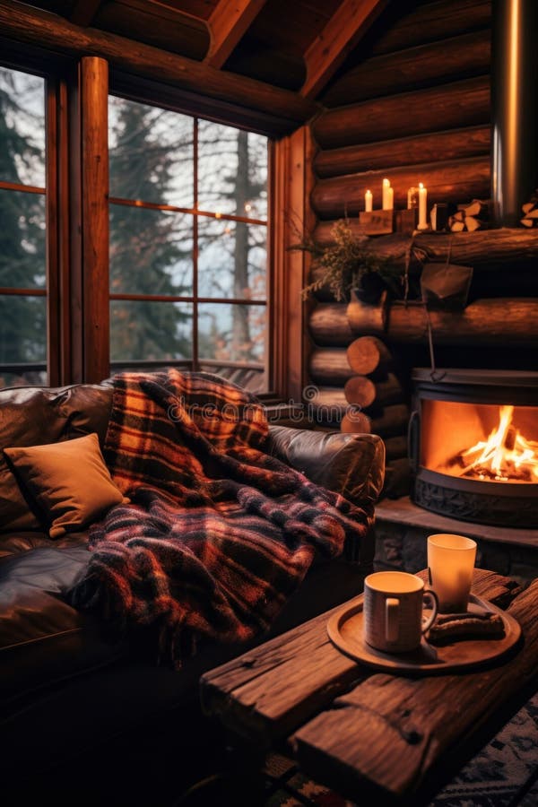 A Cozy Cabin Interior with a Roaring Fireplace, Soft Blankets, and a ...
