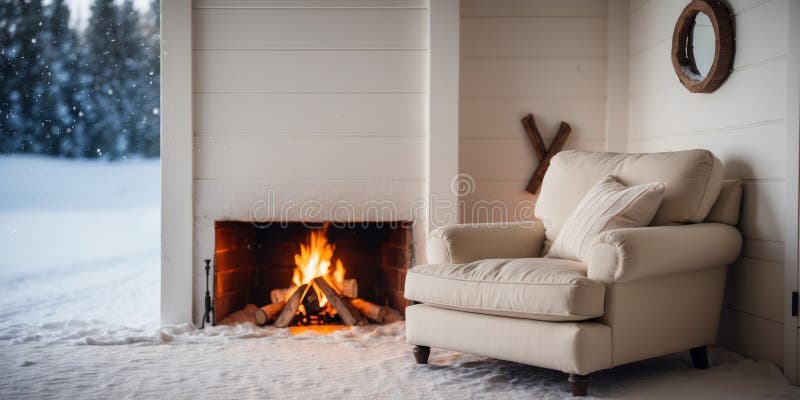 Cozy Cabin Interior with Snow Outside and a Warm Fireplace Inside ...