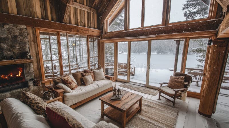 Cozy Cabin Interior with Snowy Landscape View Stock Illustration ...