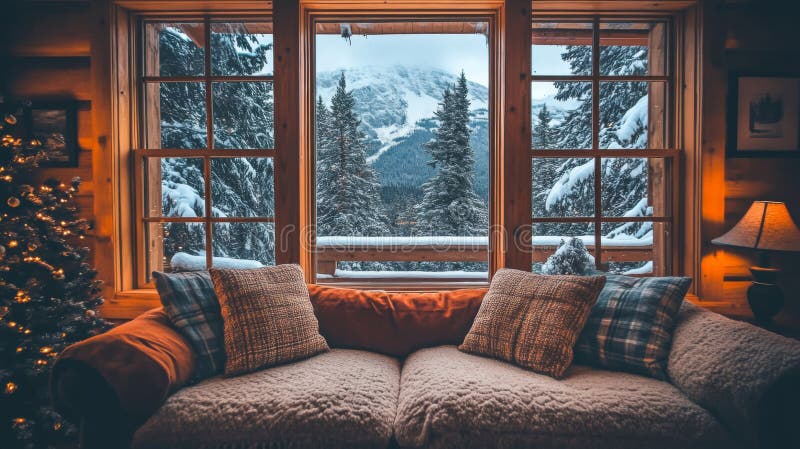 Cozy Cabin Interior with Snowy Mountain View Stock Illustration ...