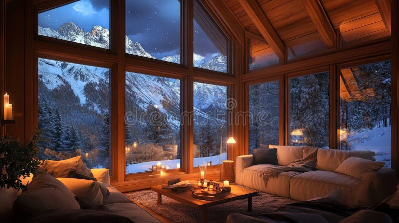 A Cozy Cabin Interior with Soft Lighting and a View of Snowy Mountains ...