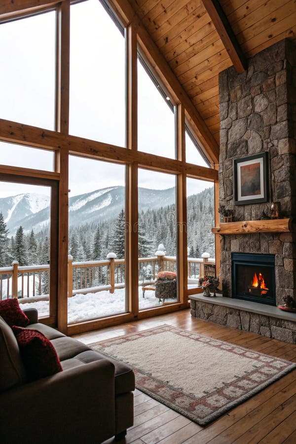 Cozy Cabin Interior with a View of Snowy Mountains Stock Photo - Image ...