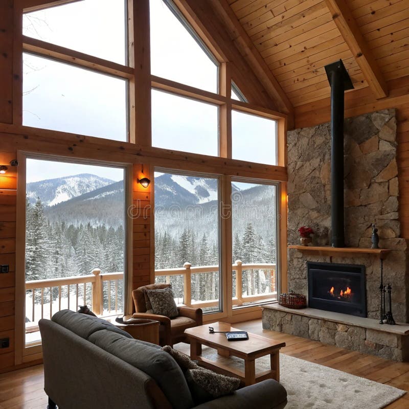 Cozy Cabin Interior with a View of Snowy Mountains Stock Illustration ...