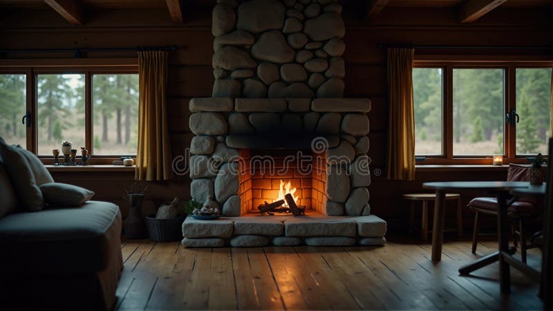 Cozy Cabin Interior with a Warm Fireplace Surrounded by Nature Stock ...
