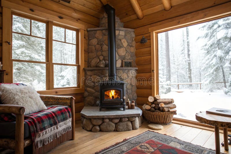 Cozy Cabin Interior with Wood Stove Stock Image - Image of pillows ...
