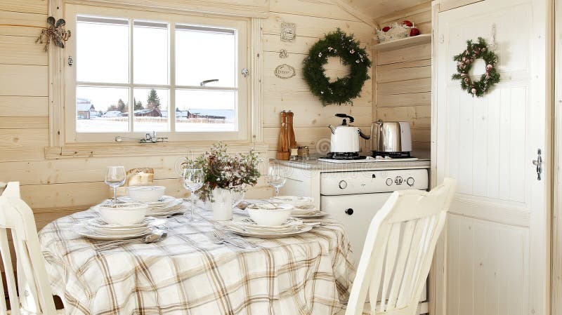 Cozy Cabin Kitchen, Winter Scene, Table Setting, Snowy View Stock Image ...