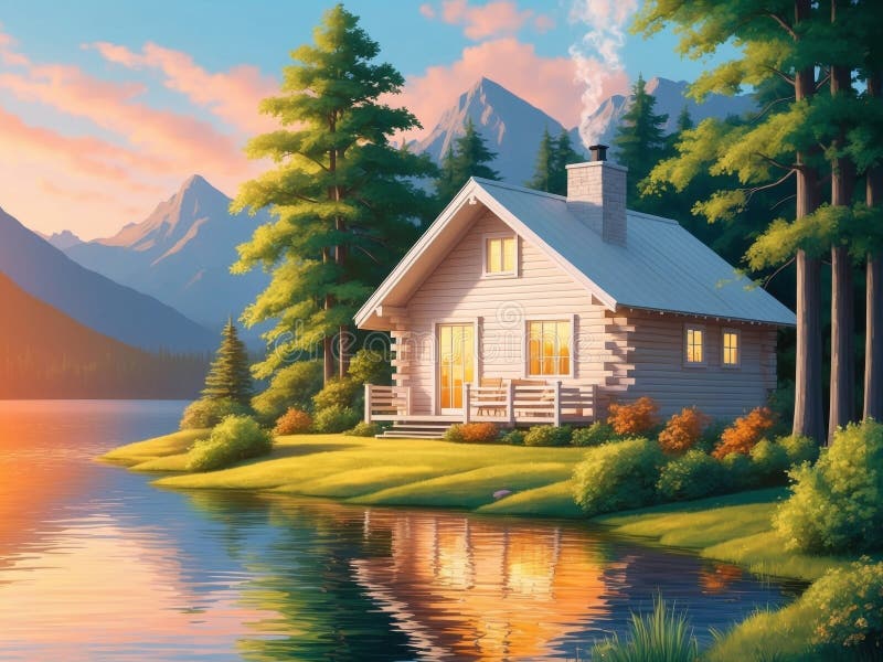 Cozy Cabin by Lake at Sunset with Golden Light Reflection Stock Image ...