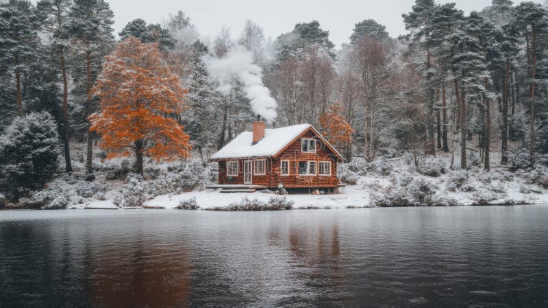 Cozy Cabin Lakeside Winter Snow Forest Scene Stock Illustration ...