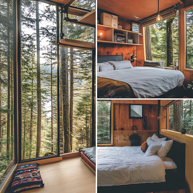 Cozy Cabin with a Large Bed and a View of the Forest Stock Image ...