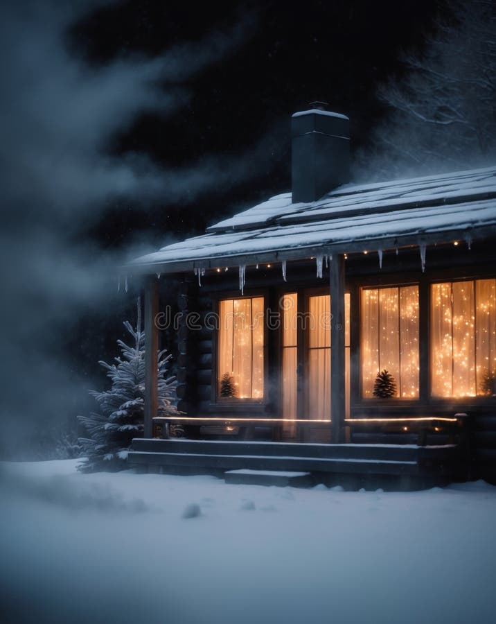 Cozy Cabin Lit by Holiday Lights at Night. Stock Image - Image of ...