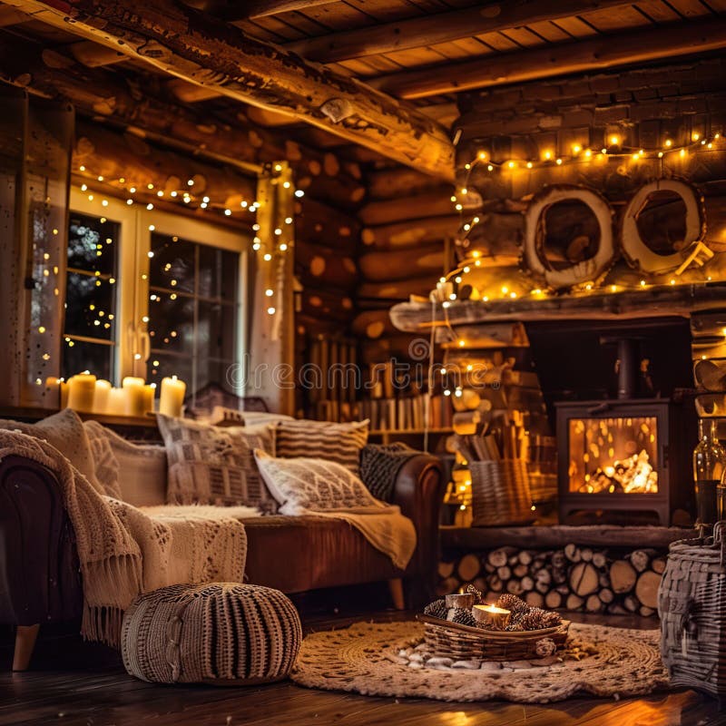 Cozy Cabin Living Room with Fireplace, Warm Lighting, and Comfortable ...