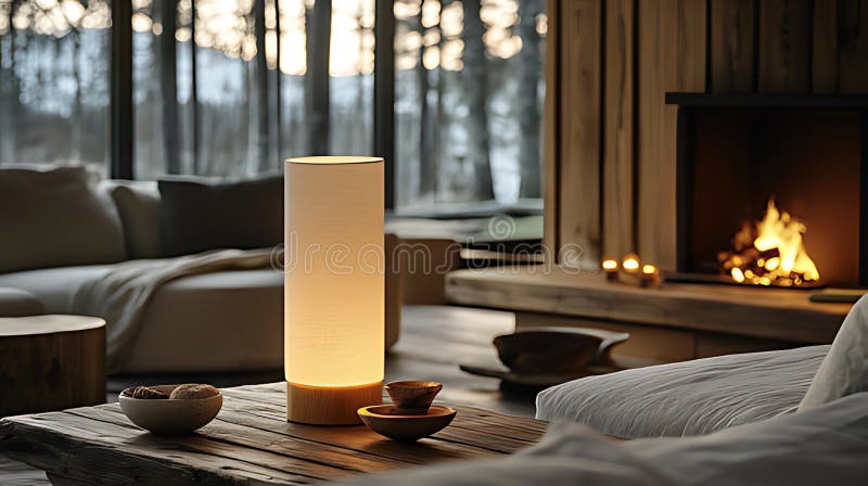 Cozy Cabin Living Room Lamp, Fire, Forest View Stock Illustration ...