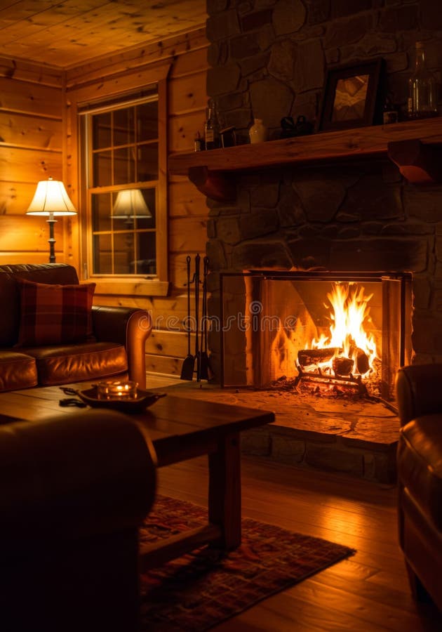 Cozy Cabin Living Room with Warm Fire in Stone Fireplace Stock Image ...