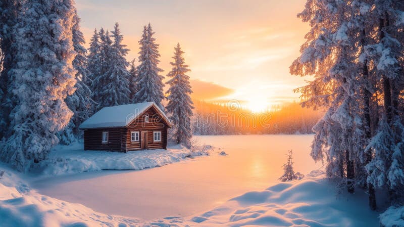 A Cozy Cabin Nestled in a Snowy Forest at Sunset Stock Illustration ...