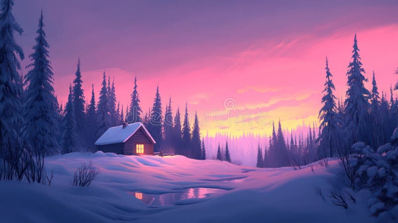 Cozy Cabin Nestled in a Snowy Forest at Sunset Stock Image - Image of ...