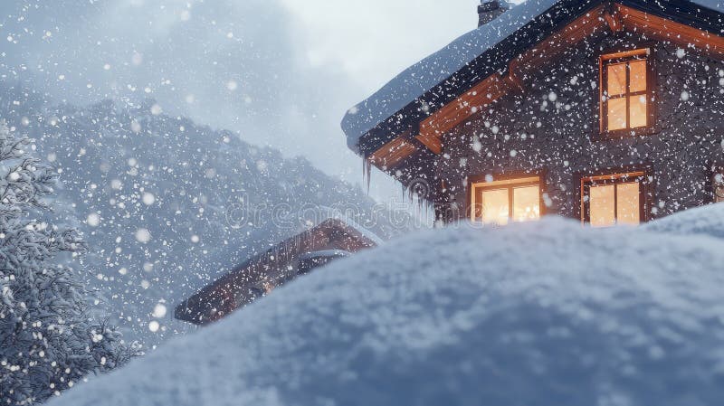 Cozy Cabin Nestled in Snowy Mountains during a Blizzard. Warm Light ...