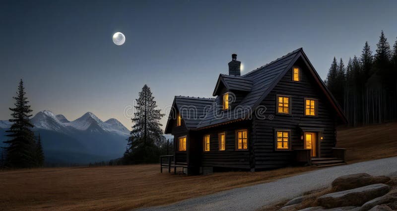 Cozy Cabin at Night with Warm Lights Under a Moonlit Sky, Surrounded by ...