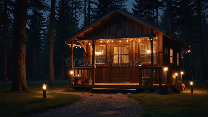 Cozy Cabin Pathway Lit by Glowing String Lights Stock Illustration ...