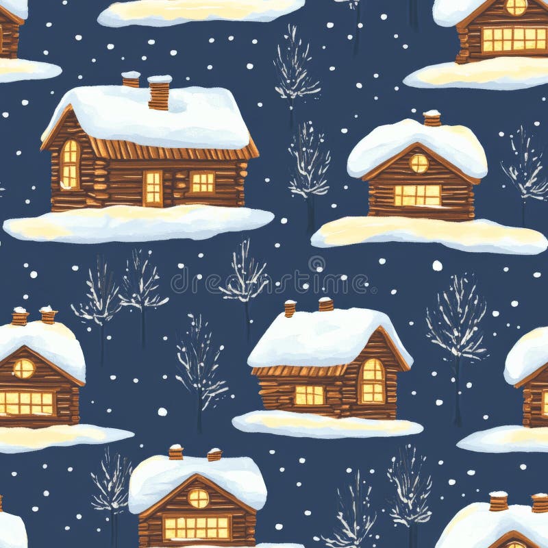 A Cozy Cabin Pattern Featuring Wooden Cottages Covered in Snow, Glowing ...