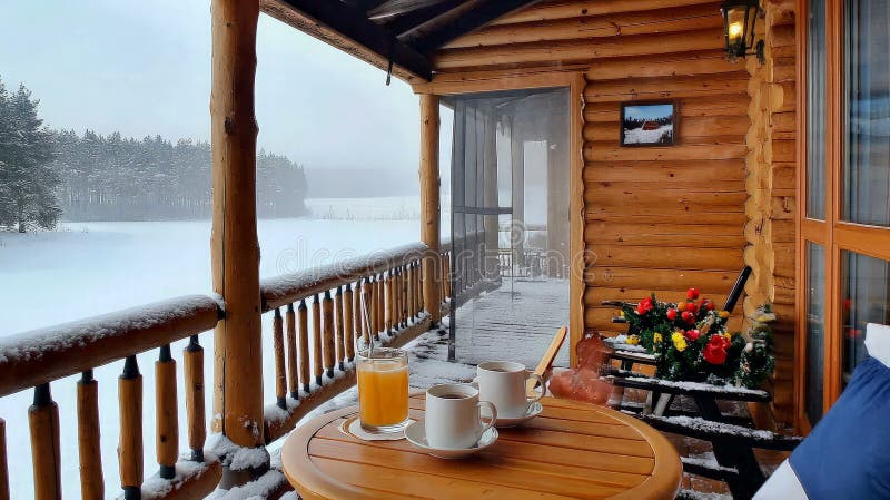 Cozy Cabin Porch with Snow, Drinks, and Winter View Stock Photo - Image ...