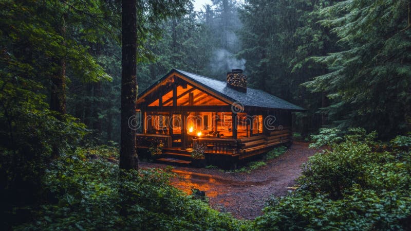 Cozy Cabin in the Rain, Illuminated by a Fire Stock Illustration ...