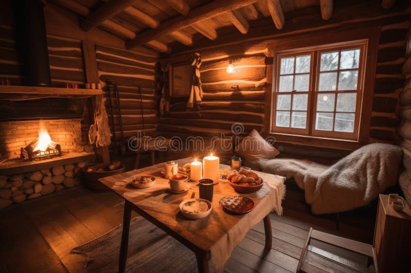 Cozy Cabin Retreat, with Crackling Fire and Hot Chocolate on the Table ...