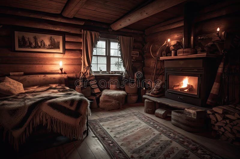 Cozy Cabin Retreat with Crackling Fire, Surrounded by Cozy Throw ...