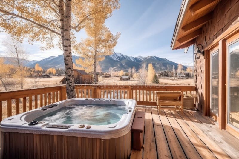 Cozy Cabin Retreat with Hot Tub and Mountain Views Stock Illustration ... Cozy Cabin Retreat with Hot Tub and Mountain Views Stock Illustration ...