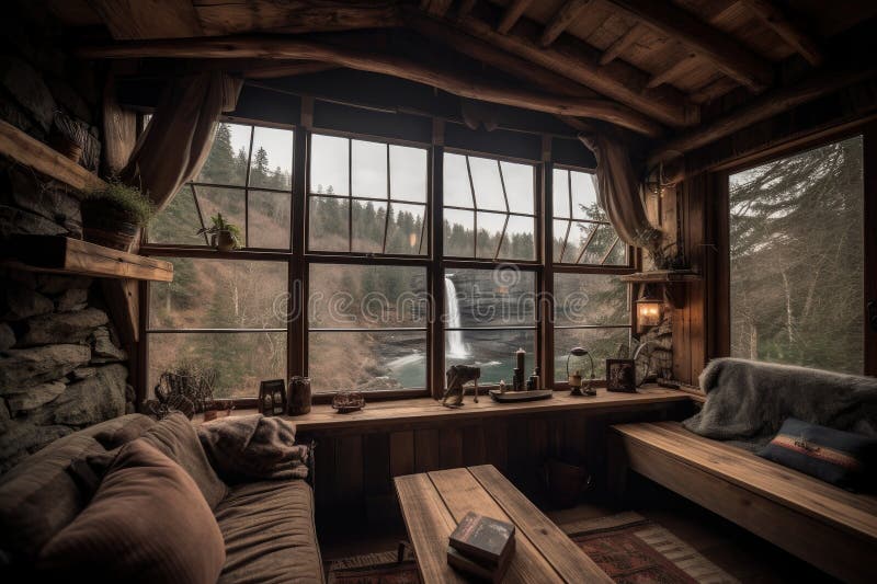 Cozy Cabin Retreat with the View of a Scenic Waterfall Stock ...