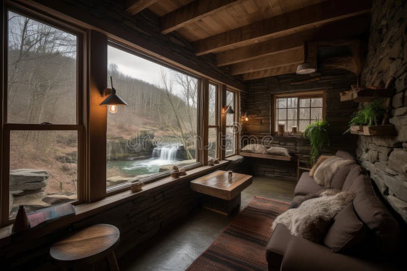 Cozy Cabin Retreat with the View of a Scenic Waterfall Stock ...