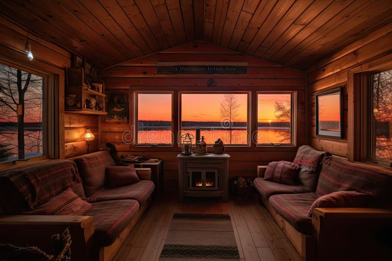 Cozy Cabin Retreat with View of Sunset Over the Lake Stock Illustration ...