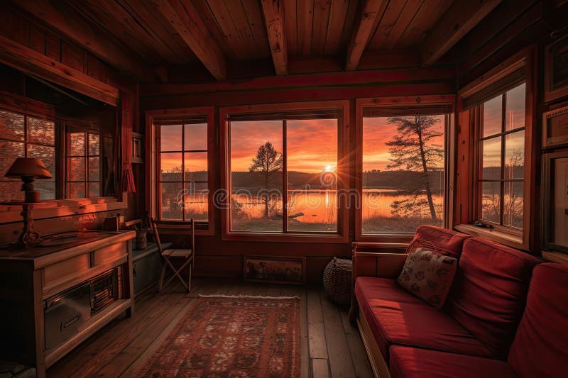 Cozy Cabin Retreat with View of Sunset Over the Lake Stock Illustration ...