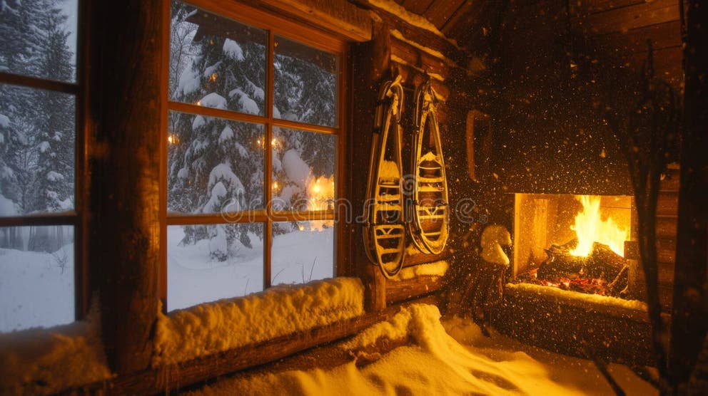 Cozy Cabin with Snow-Covered Window and Fireplace Stock Photo - Image ...