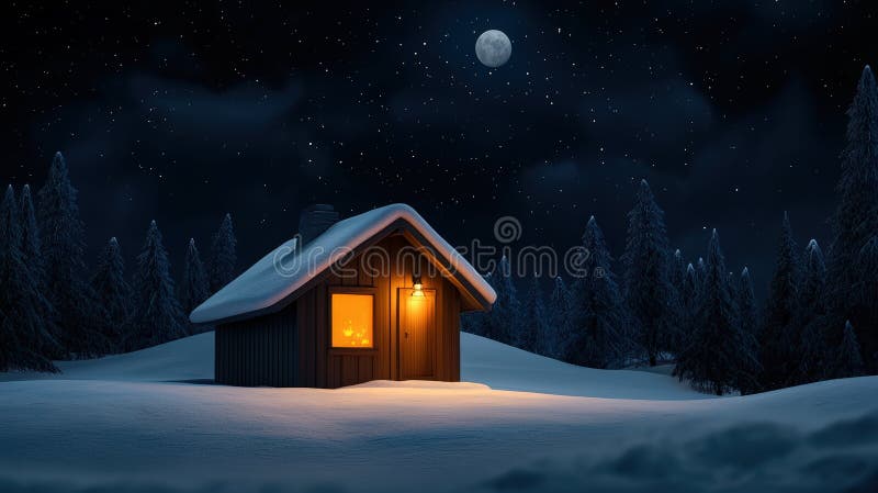 Cozy Cabin in the Snow Under a Starry Night Sky with a Glowing Window ...