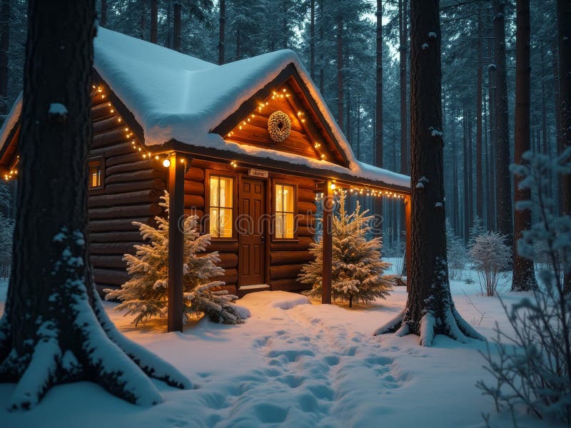Cozy Cabin in a Snowy Forest with Festive Lights at Dusk Stock Image ...