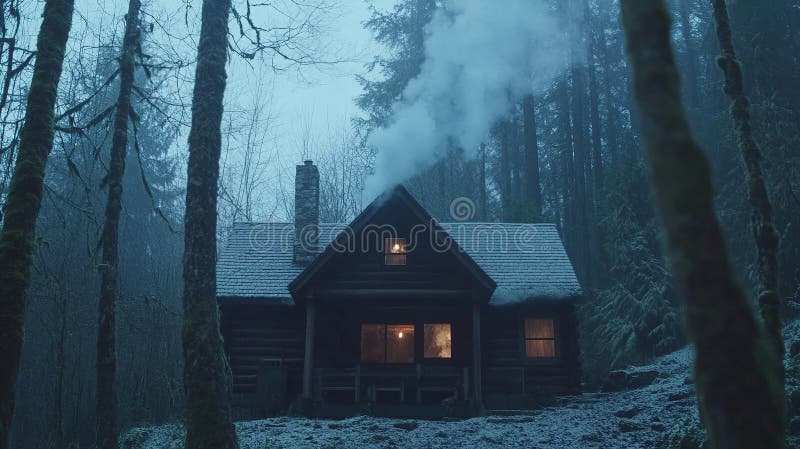 Cozy Cabin, Snowy Forest, Smoke, Night, Winter Escape Stock Photo ...