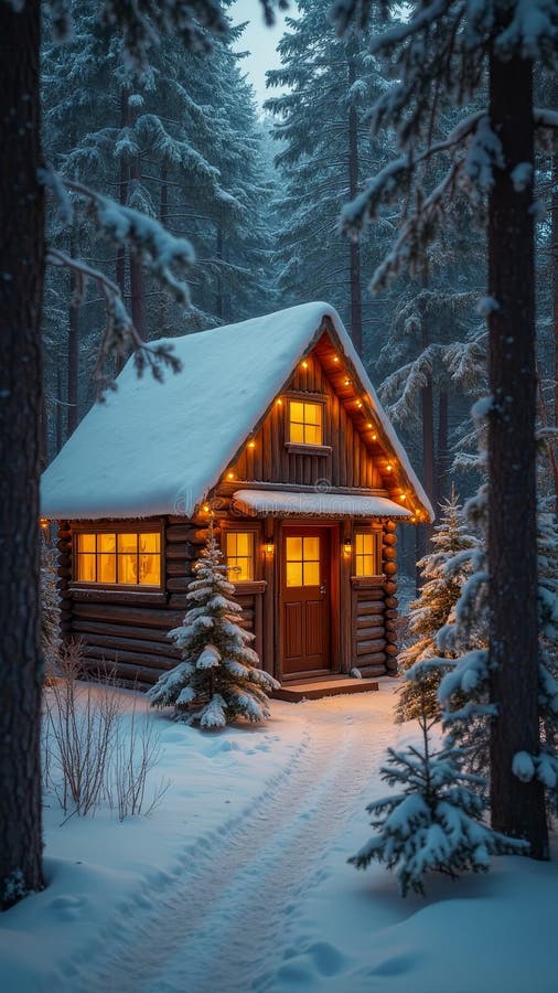 Cozy Cabin in Snowy Forest with Warm Lights at Dusk Stock Image - Image ...
