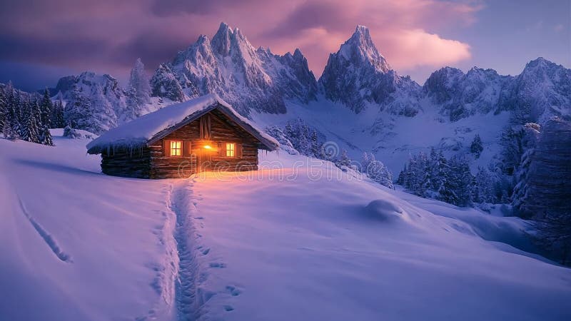 Cozy Cabin in Snowy Mountain Landscape at Sunset Stock Footage - Video ...