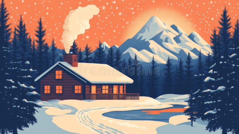 Cozy Cabin in Snowy Mountain Landscape at Sunset Stock Illustration ...
