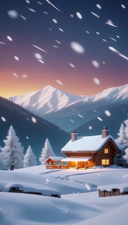 Cozy Cabin in Snowy Mountain Landscape at Sunset with Falling Snow ...
