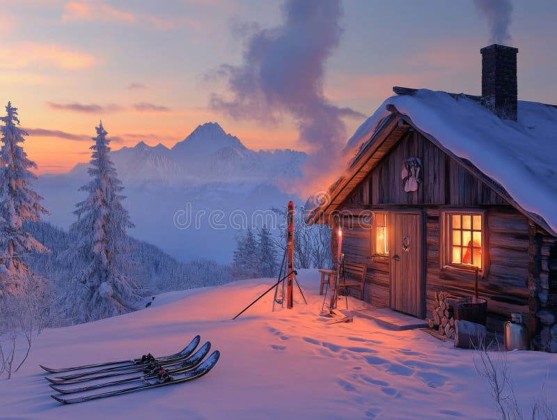 Cozy Cabin in Snowy Mountains at Sunset Stock Illustration ...