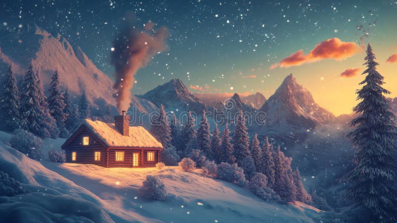 Cozy Cabin in Snowy Mountains at Sunset Stock Illustration ...
