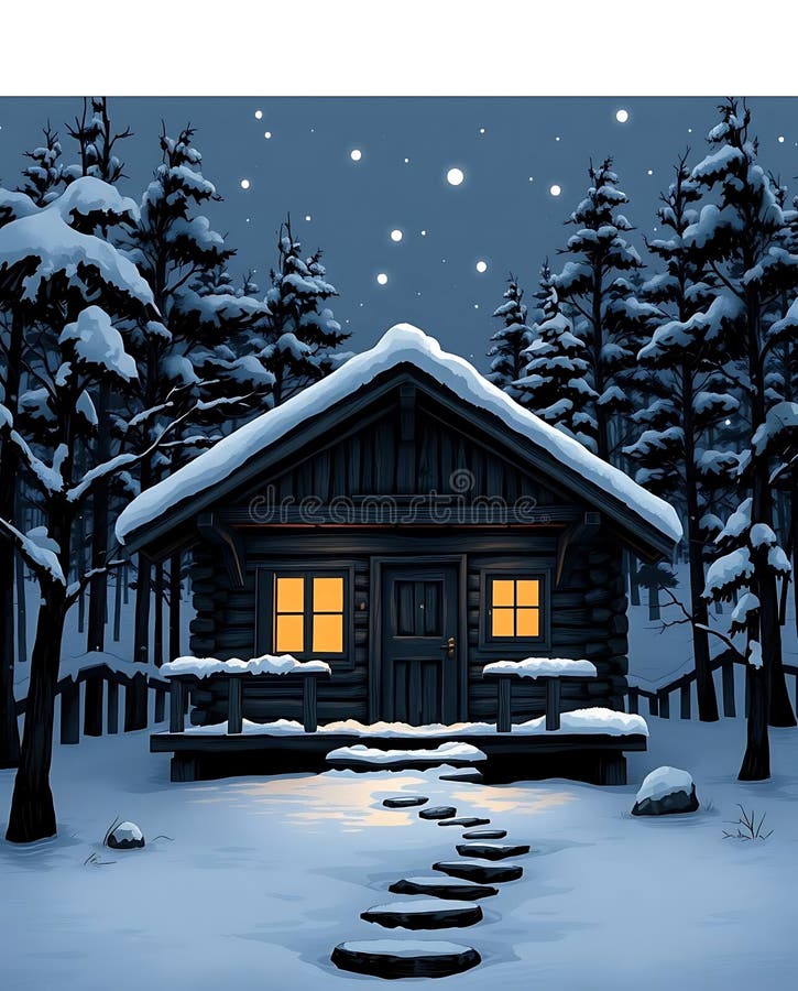 Cozy Cabin with Snowy Night, and Forest Stock Photo - Image of rustic ...