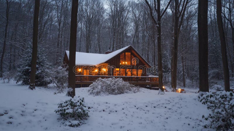 Cozy Cabin in Snowy Winter Forest at Twilight Stock Image - Image of ...