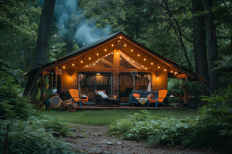 Cozy Cabin with String Lights in the Woods at Dusk Stock Image - Image ...