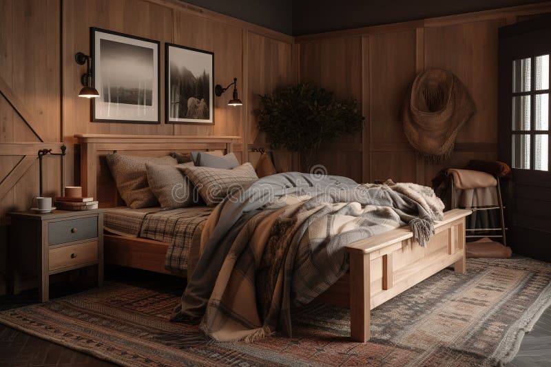 A Cozy, Cabin-style Bedroom with a Wooden Bed Frame. Generative AI ...